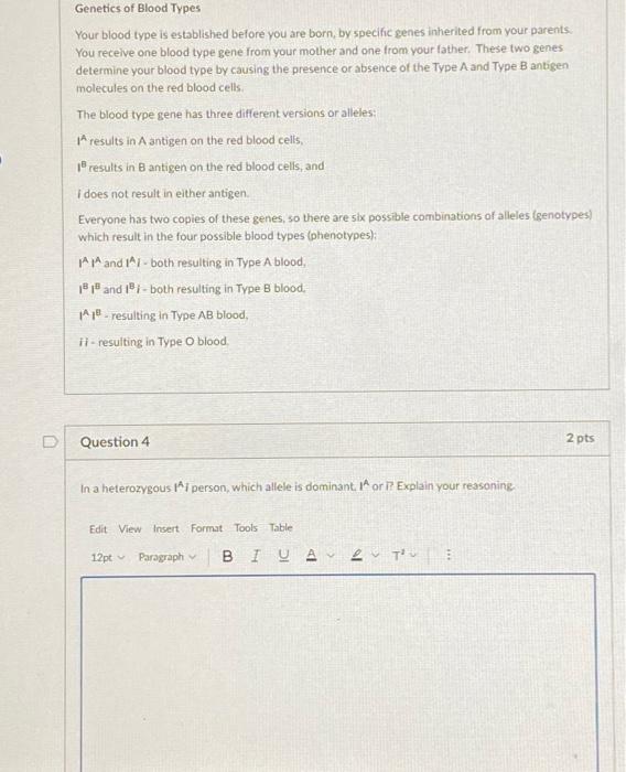 Solved Genetics of Blood Types Your blood type is | Chegg.com