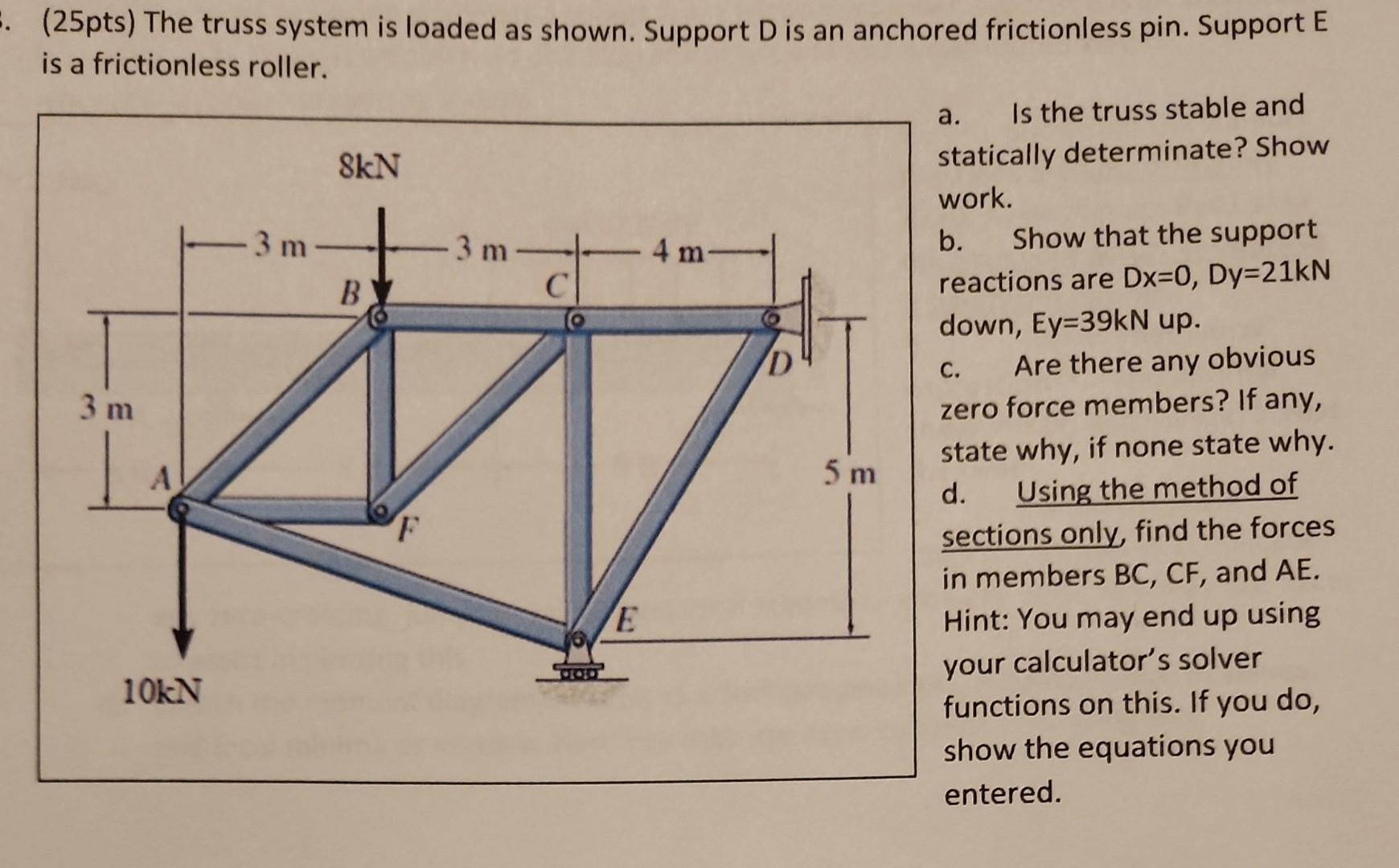 Solved (25pts) The truss system is loaded as shown. Support | Chegg.com