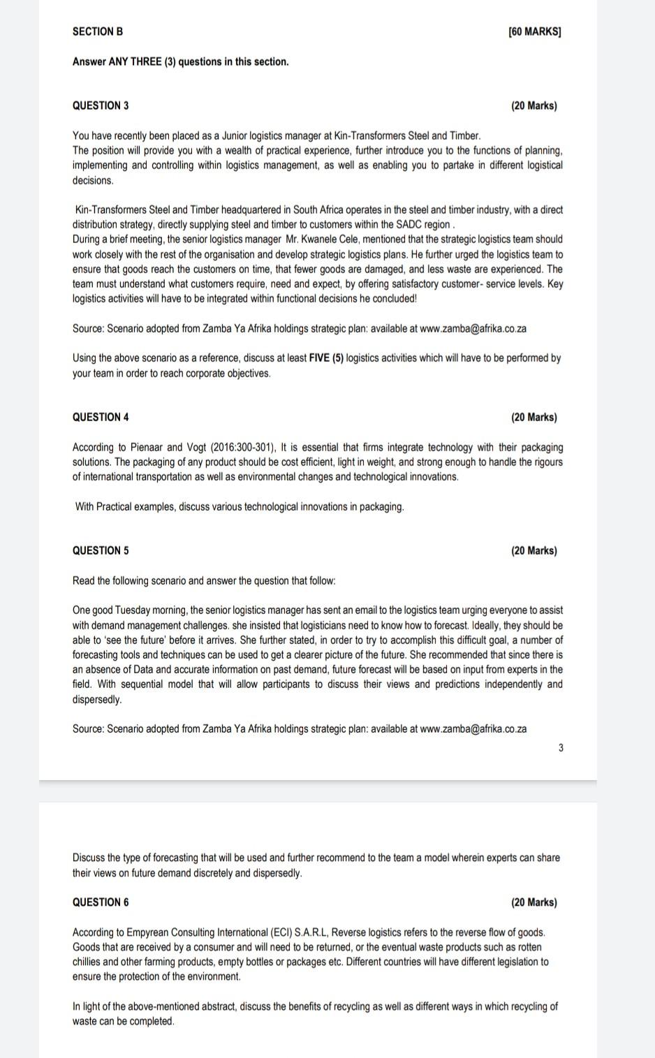 Solved SECTION B [60 MARKS] Answer ANY THREE (3) questions | Chegg.com