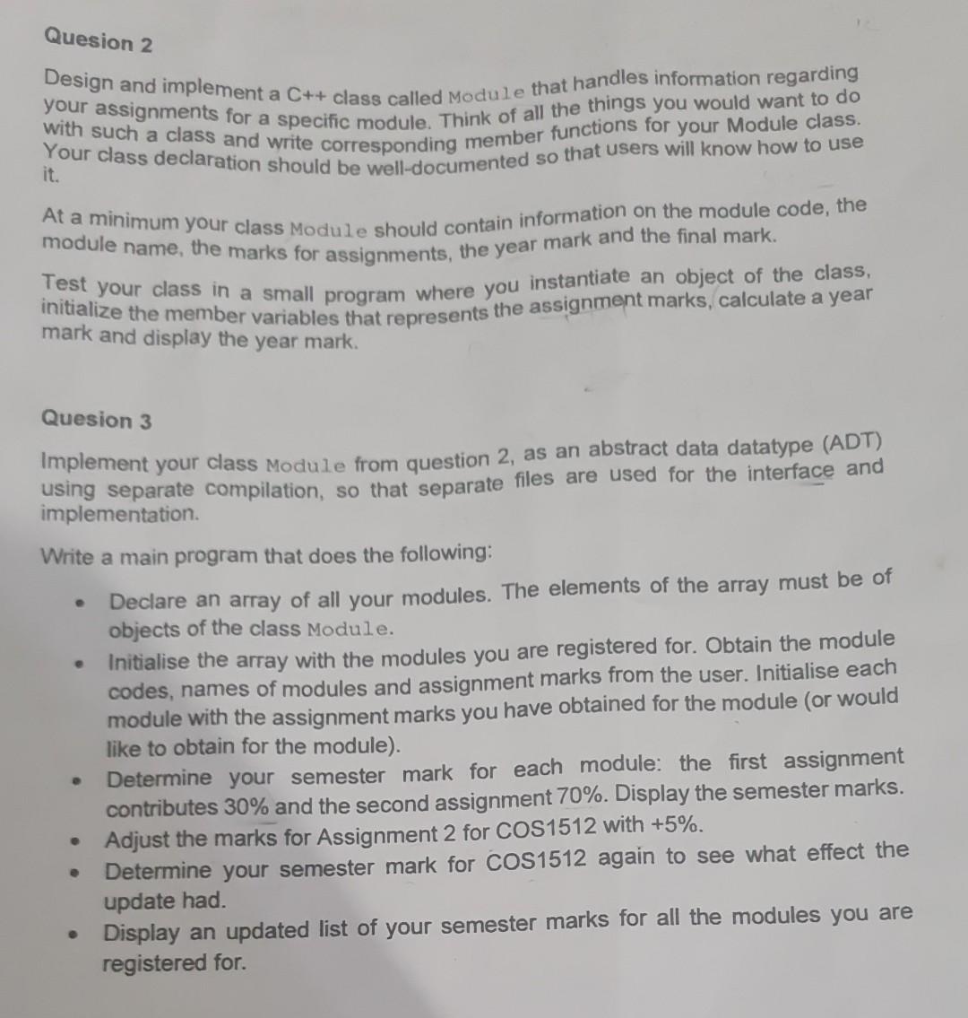 Solved Quesion 2 Design and implement a \\( \\mathrm{C}++ | Chegg.com