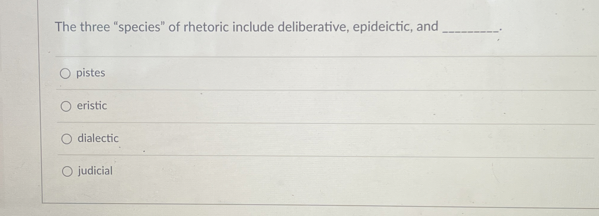 Solved The three "species" of rhetoric include deliberative, | Chegg.com
