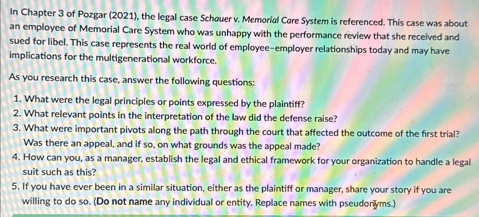 Solved In Chapter 3 ﻿of Pozgar (2021), ﻿the legal case | Chegg.com