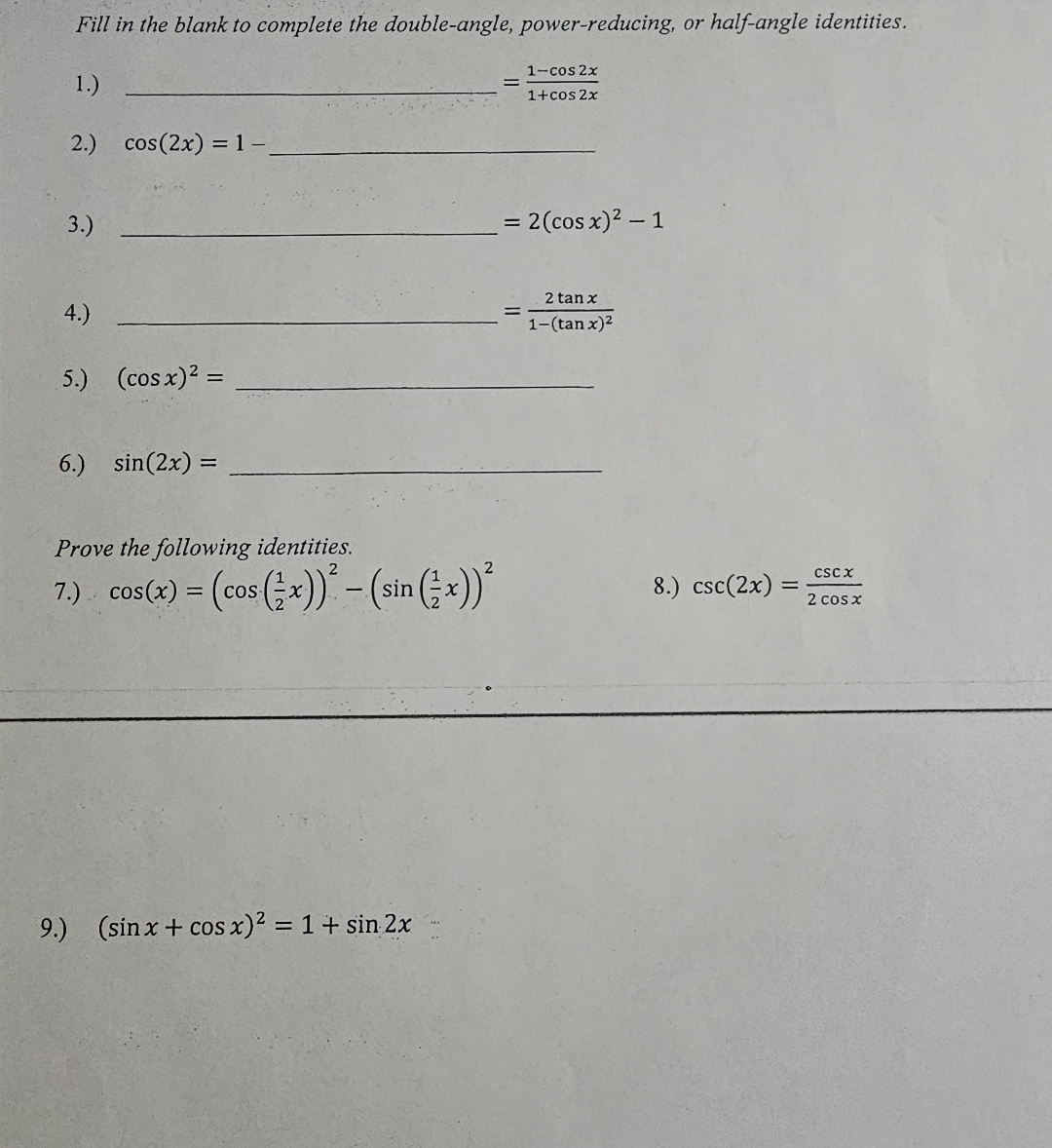 Solved Fill in the blank to complete the double-angle, | Chegg.com