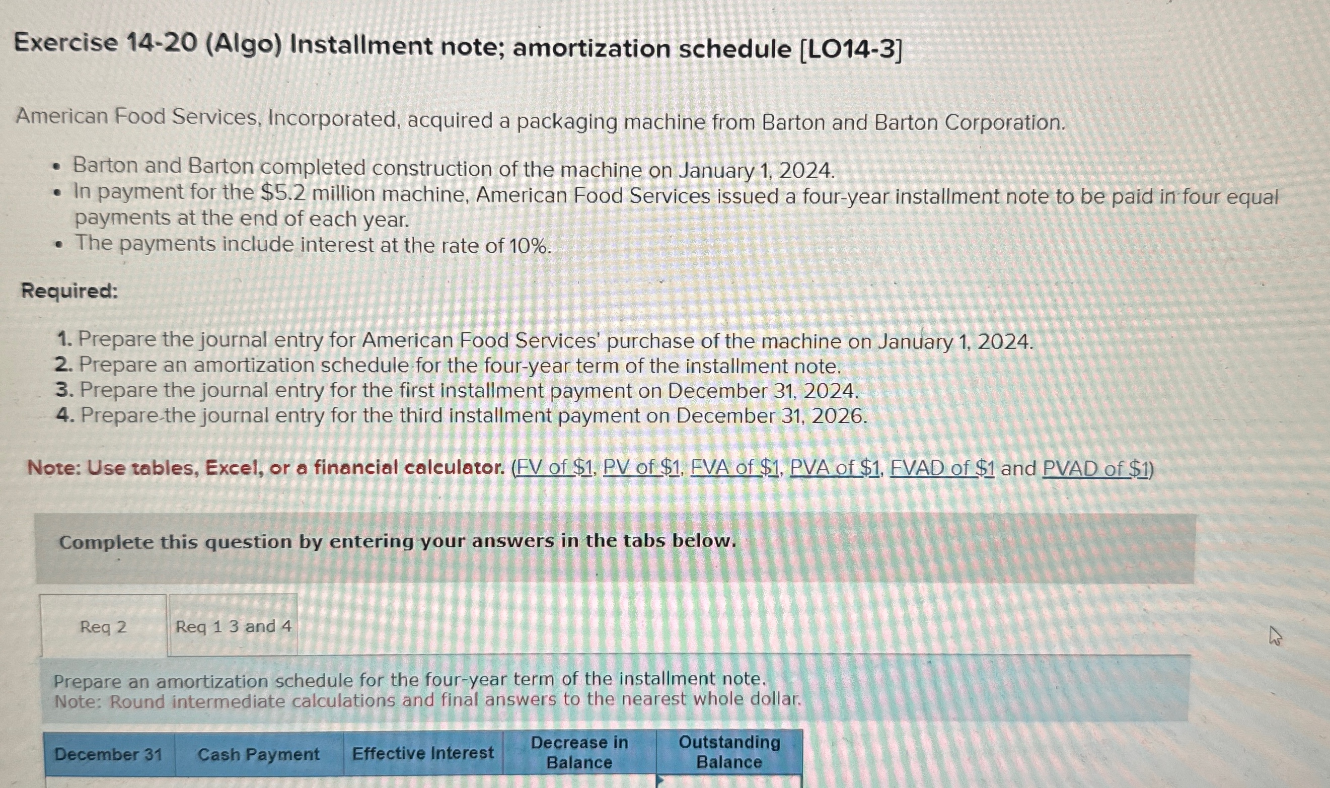Solved Exercise 14-20 (Algo) ﻿Installment note; amortization | Chegg.com