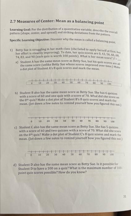 Solved 2.7 Measures of Center: Mean as a balancing point | Chegg.com