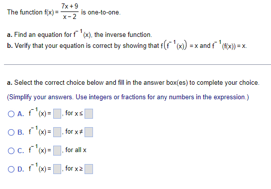 Solved The function f(x)=7x+9x-2 ﻿is one-to-one.a. ﻿Find an | Chegg.com