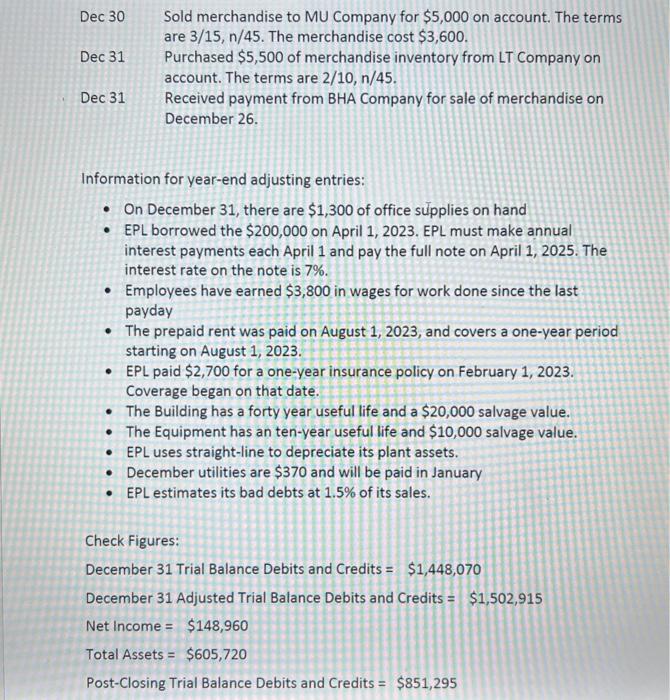 Solved EPL Company is a sporting goods retailer with a | Chegg.com