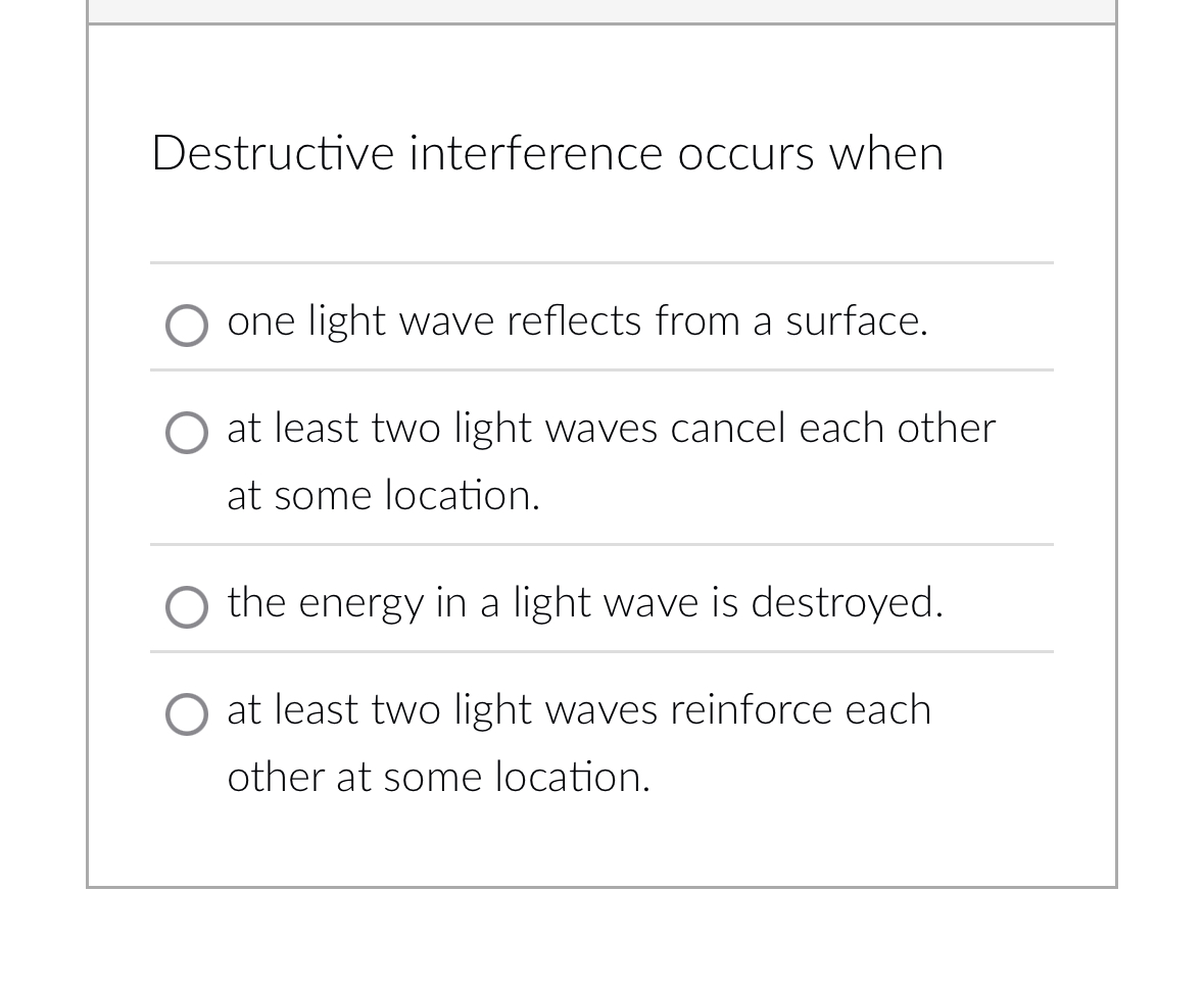 Solved Destructive interference occurs whenone light wave | Chegg.com