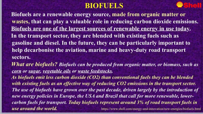 Solved BIOFUELS Shell Biofuels are a renewable energy | Chegg.com