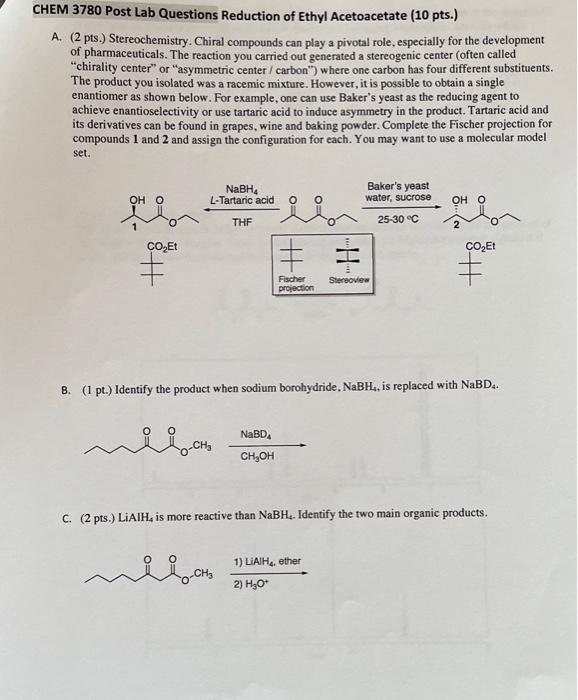 Solved CHEM 3780 Post Lab Questions Reduction of Ethyl | Chegg.com