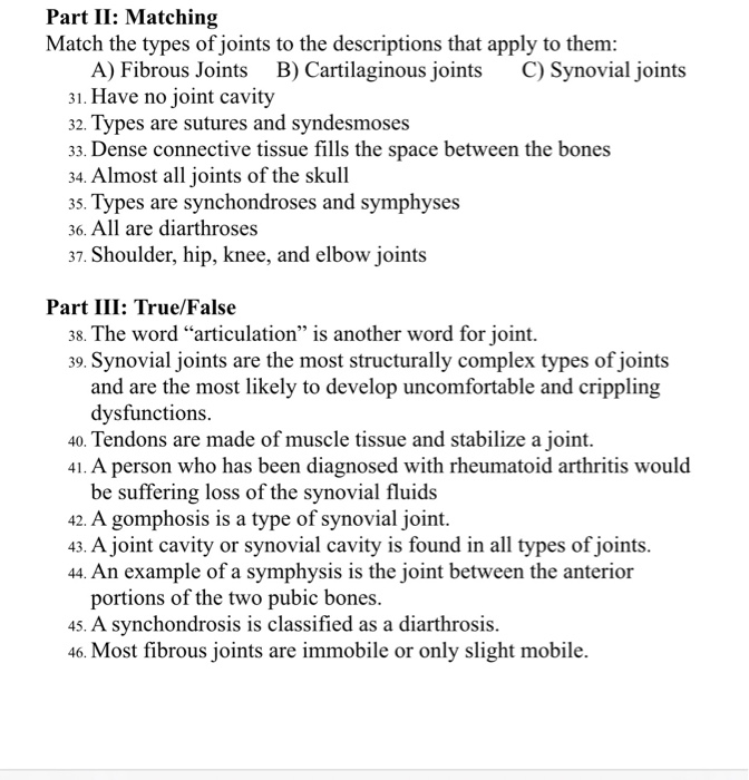 Solved Part II: Matching Match the types of joints to the | Chegg.com