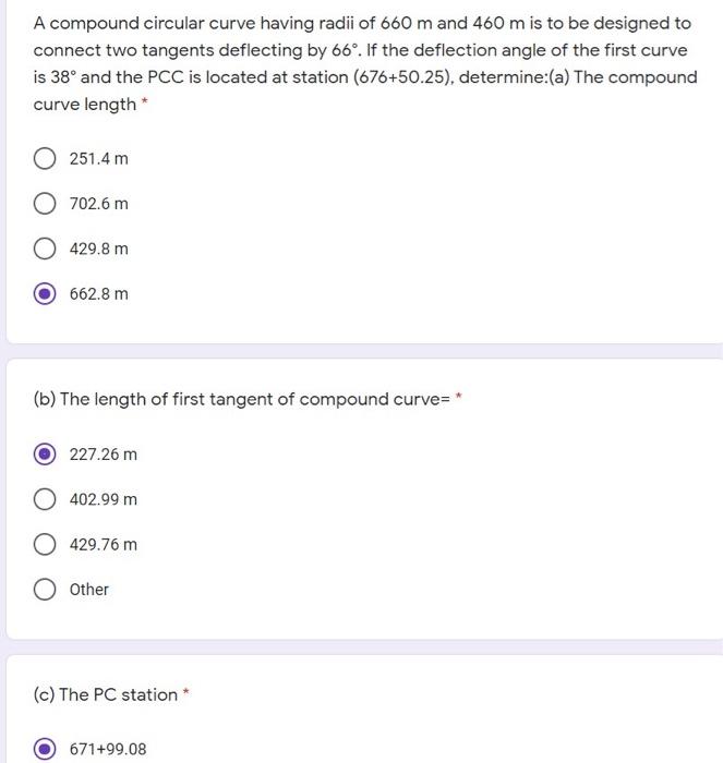 Solved A compound circular curve having radii of 660 m and | Chegg.com