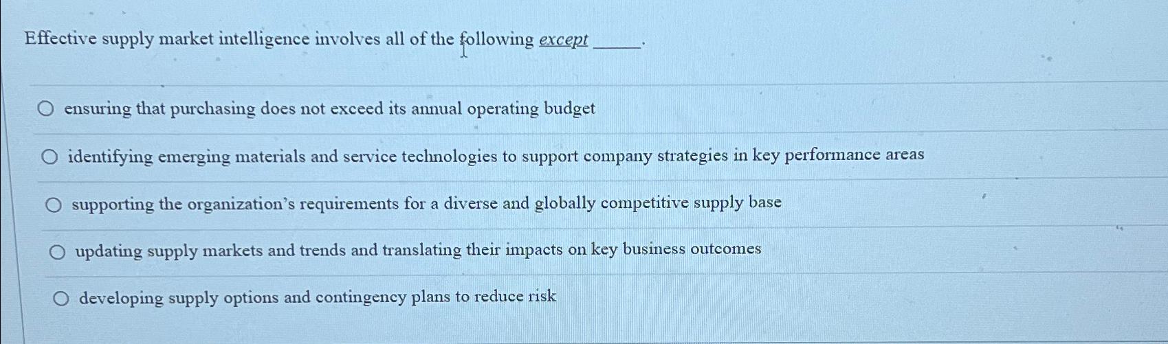Solved Effective supply market intelligence involves all of | Chegg.com