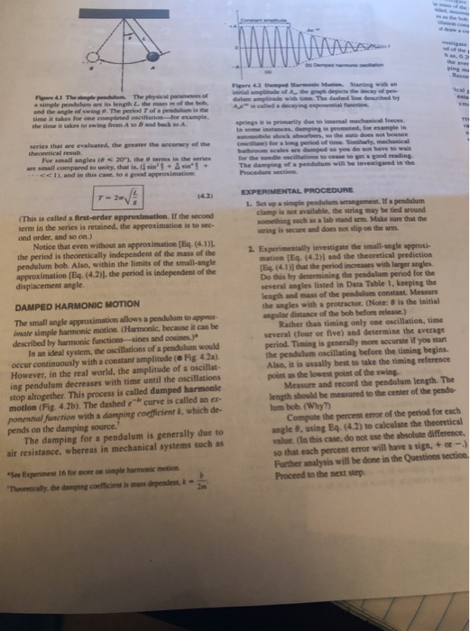 Parts EXPERIMENT Simple Pendulum Parameters (Angle, | Chegg.com