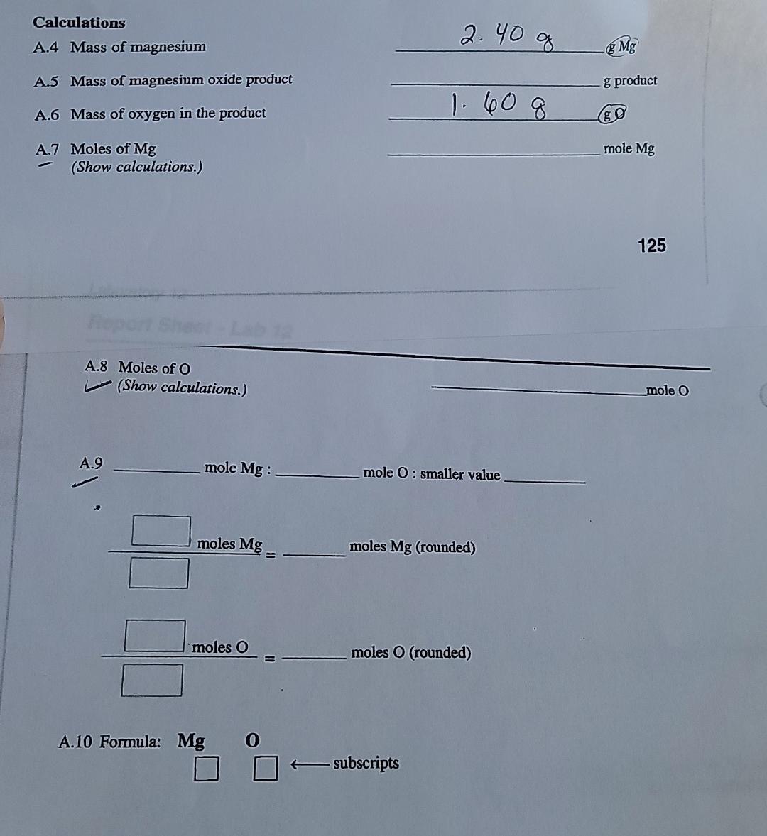 Solved Calculations A.4 Mass of magnesium 2.40 g g Mg A.5 | Chegg.com