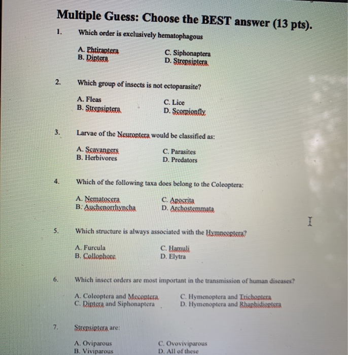 Solved Multiple Guess: Choose the BEST answer (13 pts). 1. | Chegg.com