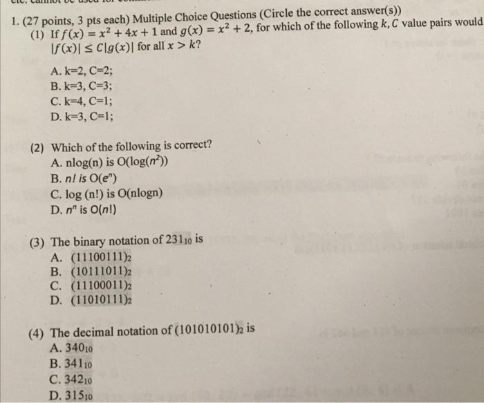 Solved 1. ( 27 points, 3 pts each) Multiple Choice Questions | Chegg.com