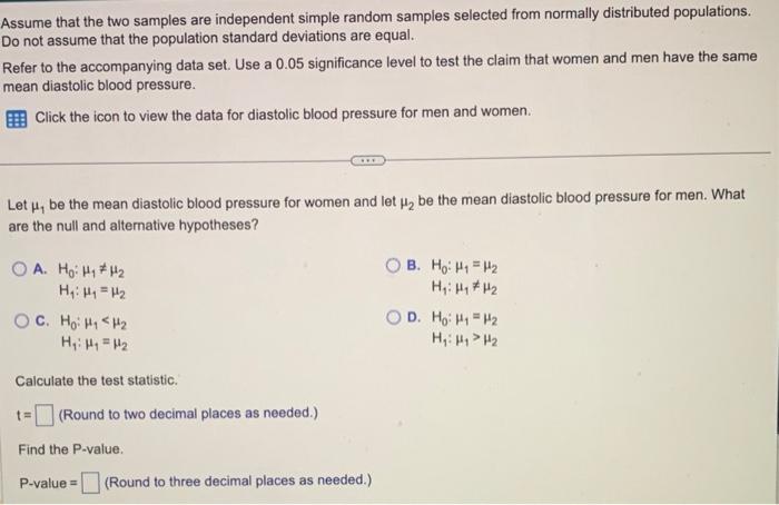 Solved Assume that the two samples are independent simple | Chegg.com