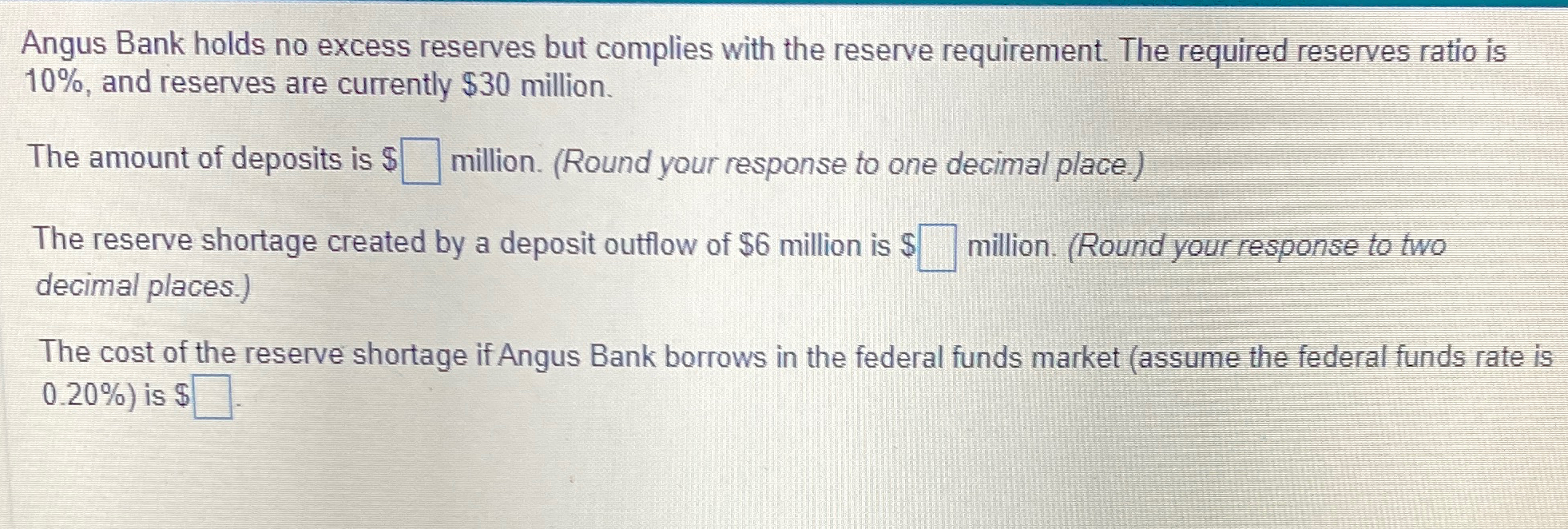 Solved Angus Bank holds no excess reserves but complies with | Chegg.com