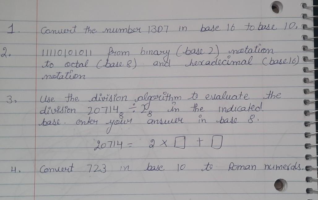 Solved 1. Convert the number 1307 in base 16 to base 10, | Chegg.com