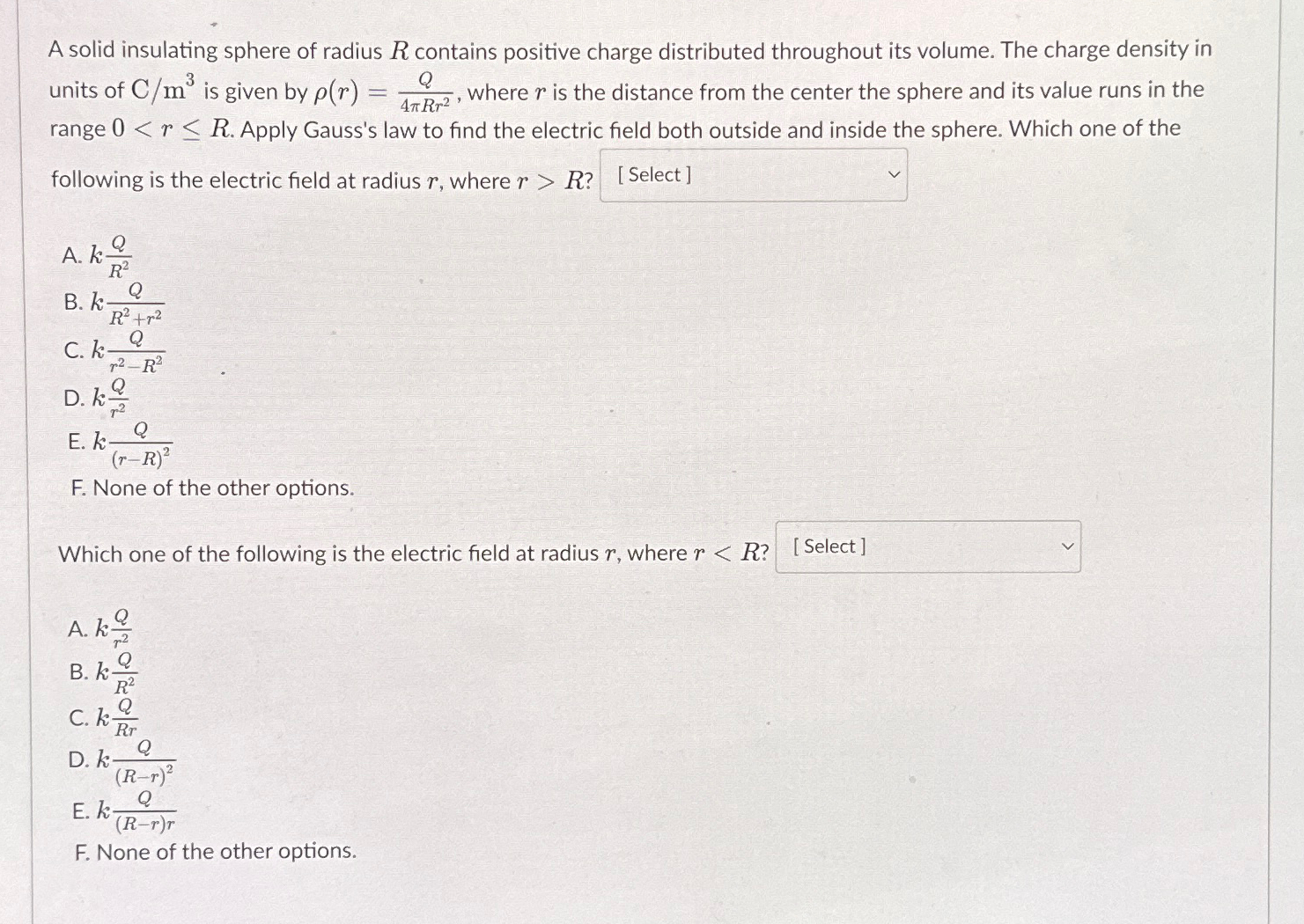 Solved A solid insulating sphere of radius R ﻿contains | Chegg.com