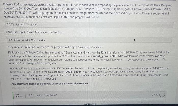 Solved Chinese Zodiac assigns an animal and its reputed | Chegg.com