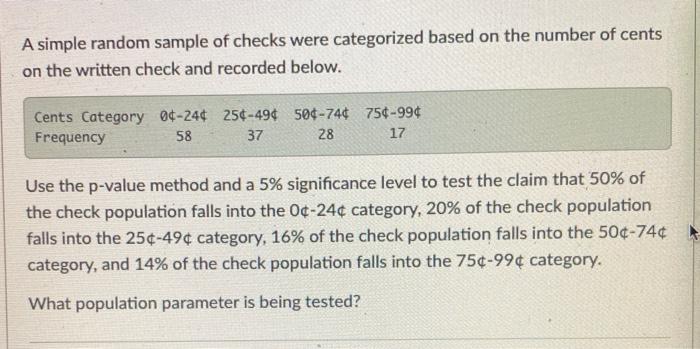 Solved A simple random sample of checks were categorized | Chegg.com
