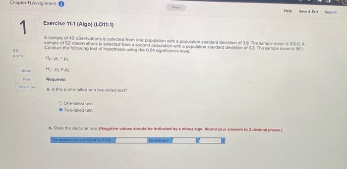 Solved A sample of 40 observations is selected from one | Chegg.com