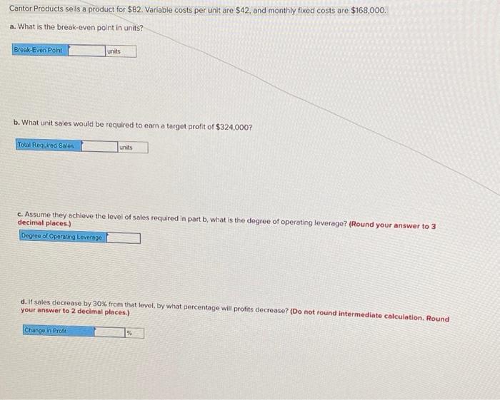 Solved Cantor Products sells a product for $82. Variable | Chegg.com