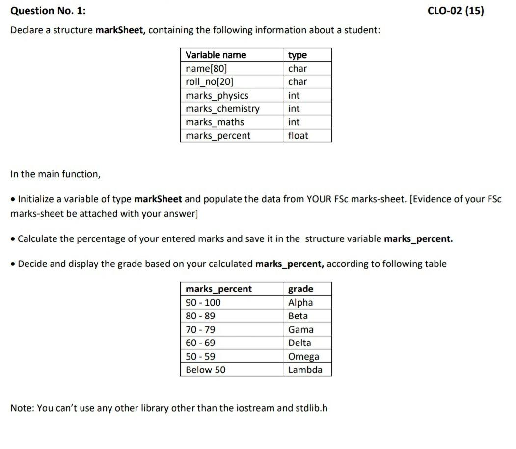 Solved Question No. 1: CLO-02 (15) Declare a structure | Chegg.com