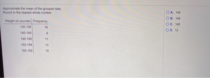 Solved A 144 Approximate the mean of the grouped data. Round | Chegg.com