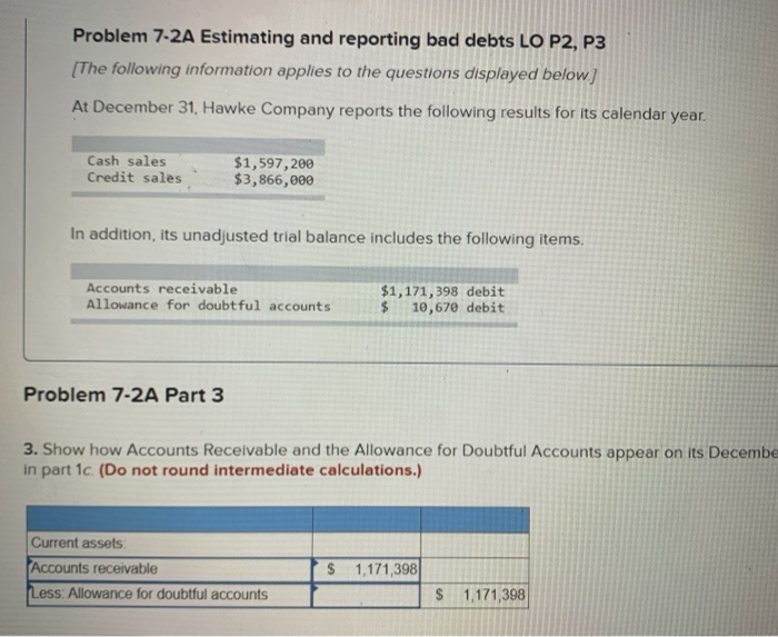 Solved Problem 7-2A Estimating and reporting bad debts LO | Chegg.com