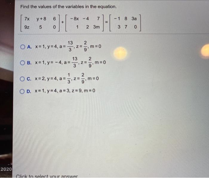 Solved Find the values of the variables in the equation. 7x | Chegg.com