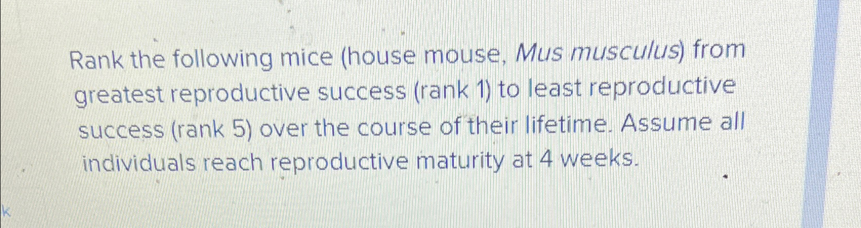 Solved Rank the following mice (house mouse, Mus musculus) | Chegg.com
