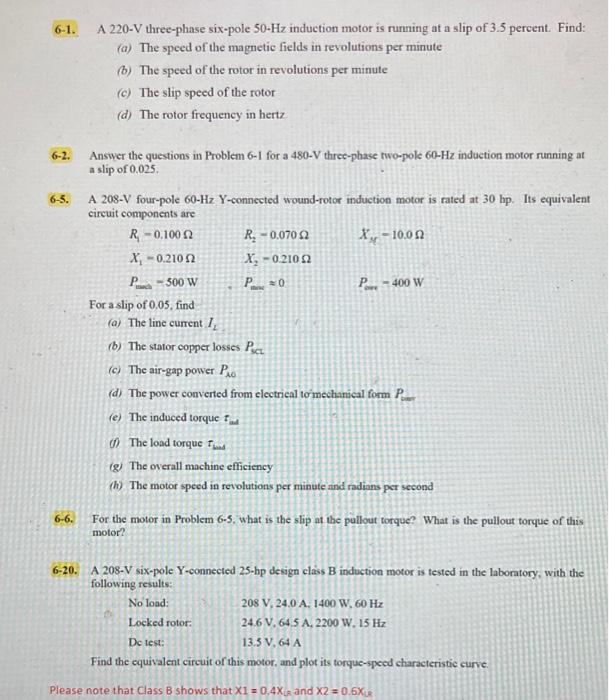 Solved 6-1. A 220−V three-phase six-pole 50−Hz induction | Chegg.com