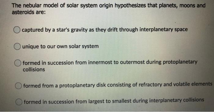 Solved The nebular model of solar system origin hypothesizes | Chegg.com