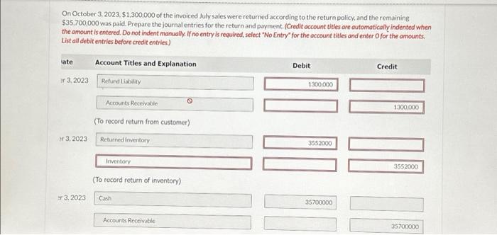 Solved On October 3, 2023, $1,300,000 of the invoiced July | Chegg.com