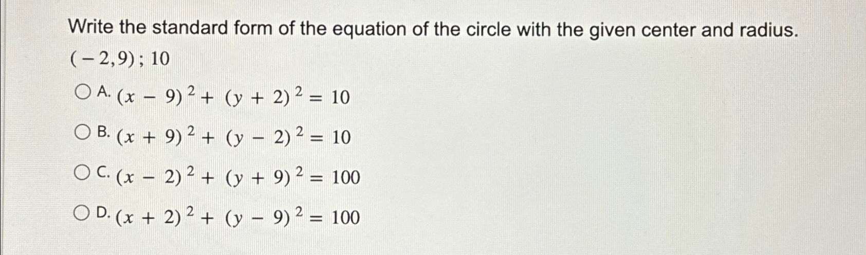 Solved Write the standard form of the equation of the circle | Chegg.com
