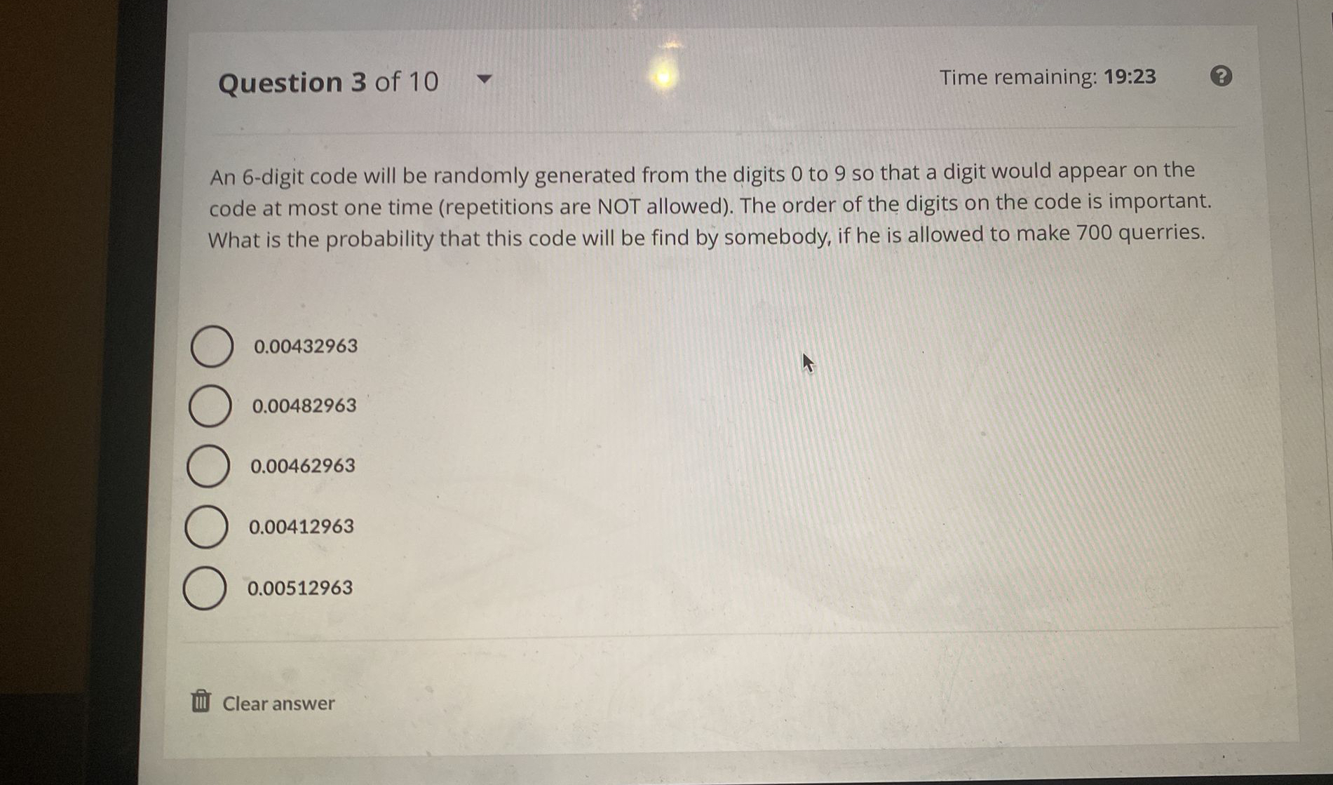 Solved Question 3 ﻿of 10Time remaining: 19:23An 6-digit code | Chegg.com