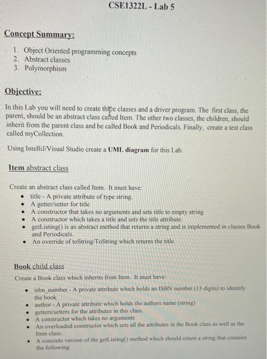 Solved CSE1322L - Lab 5 Concept Summary: 1. Object Oriented | Chegg.com