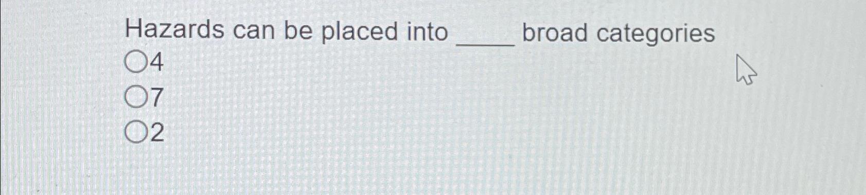 Solved Hazards can be placed into broad categories 4 7 2 | Chegg.com