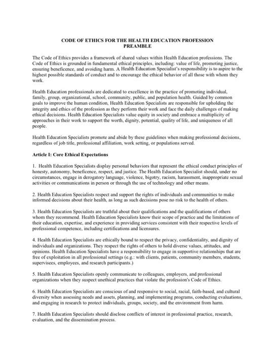 CODE OF ETHICS FOR THE HEALTH EDUCATION PROFESSION | Chegg.com