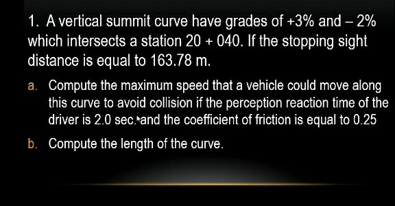 Solved 1. A vertical summit curve have grades of +3% and -2% | Chegg.com