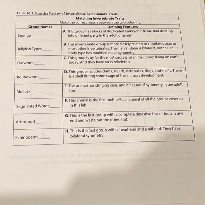 Solved Table 16.3. Practice Review of Invertebrate | Chegg.com