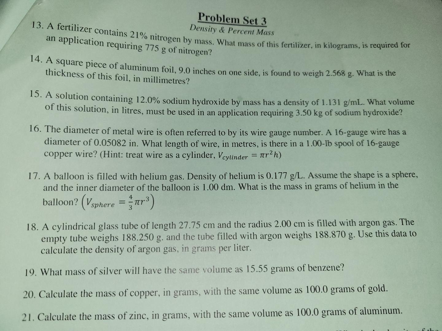 Solved Problem Set 3Density & Percent Mass13. ﻿A fertilizer | Chegg.com