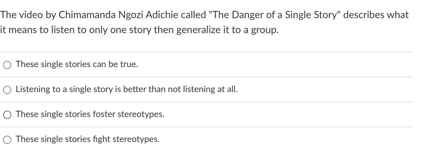 Solved The video by Chimamanda Ngozi Adichie called "The | Chegg.com