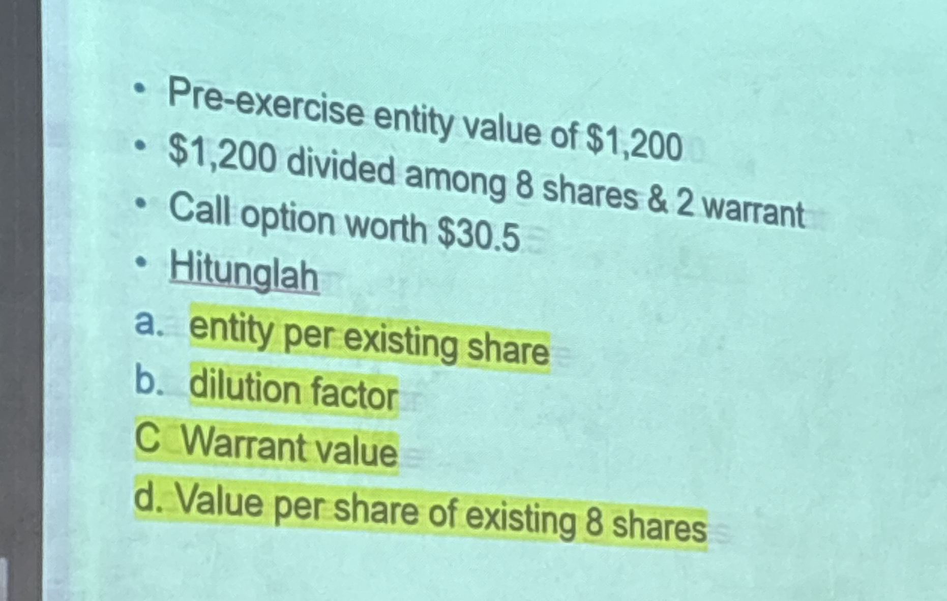 Solved Pre-exercise entity value of $1,200$1,200 ﻿divided | Chegg.com