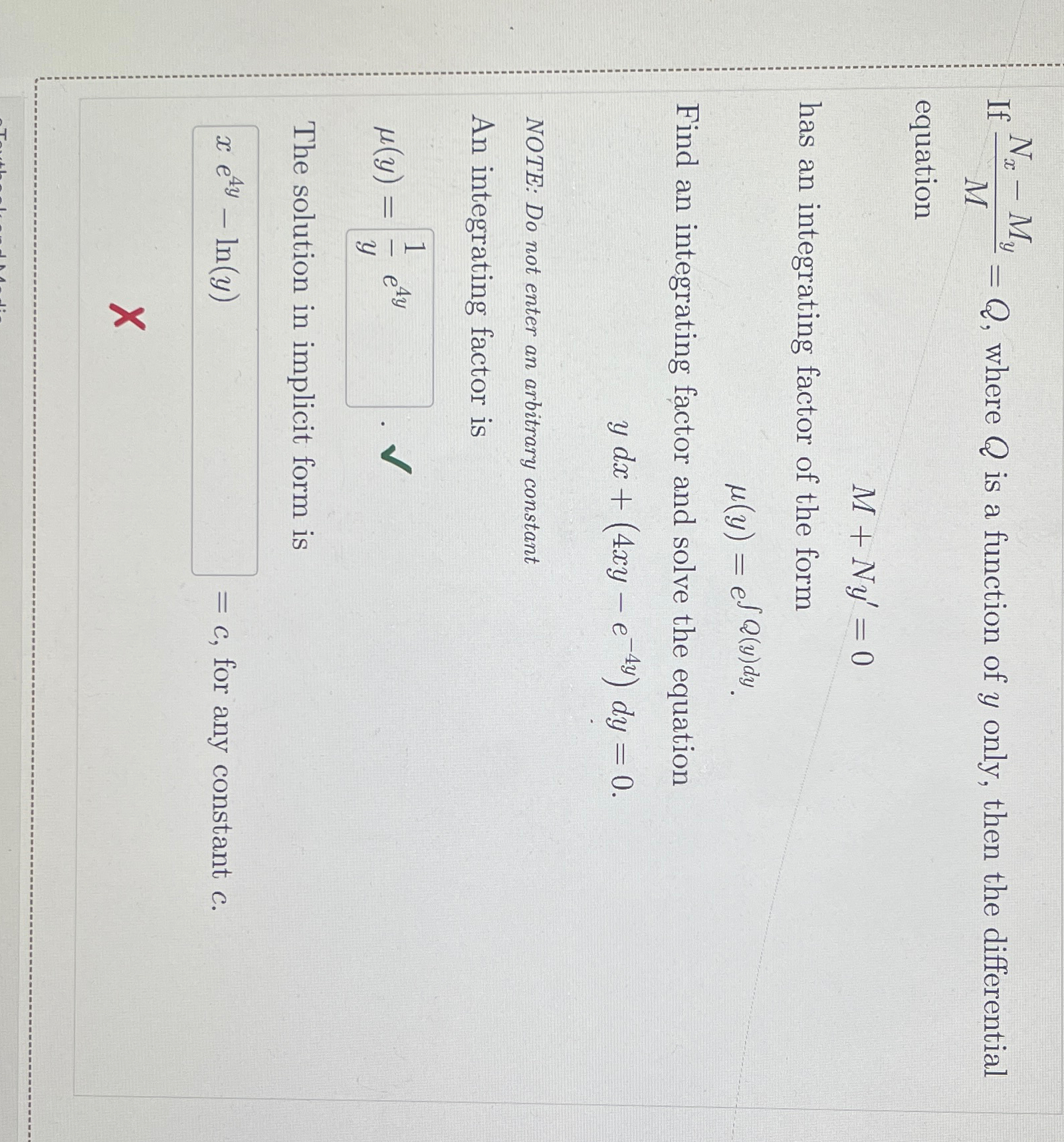 Solved If Nx-MyM=Q, ﻿where Q ﻿is a function of y ﻿only, then | Chegg.com