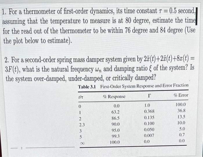 Solved 1. For a thermometer of first-order dynamics, its | Chegg.com