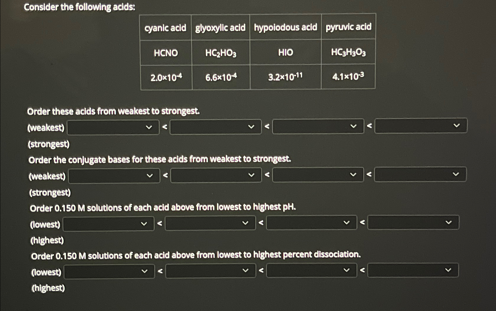 Consider the following acids:\table[[cyanic | Chegg.com